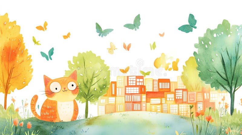 Cute Cat in a Colorful Nature Scene Stock Illustration - Illustration ...