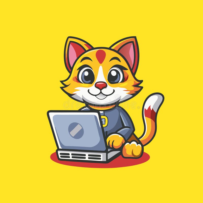 Cute Cat and Computer Character Cartoon Illustration with Vector Logo ...