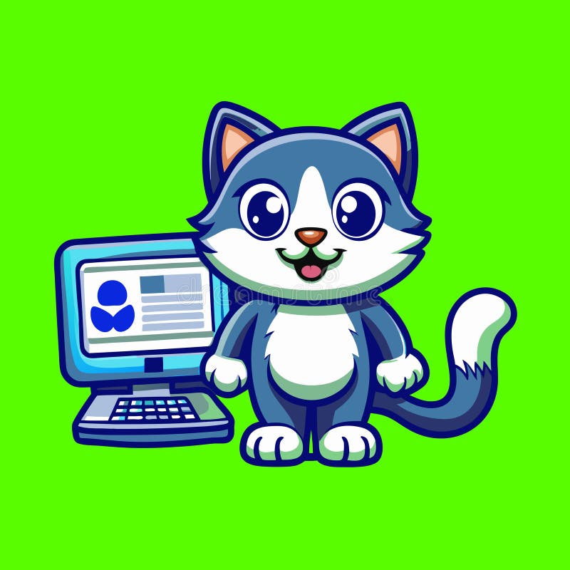 Cute Cat and Computer Mascots Collaborate in Cartoon Shopping Cart ...