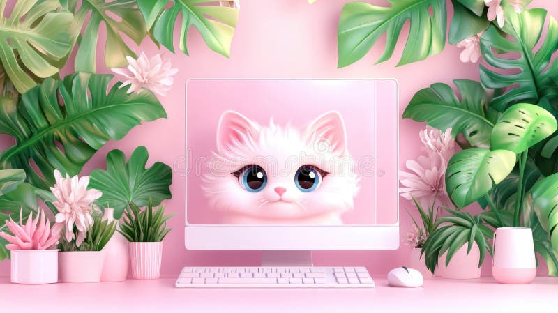Cute Cat on Computer Screen with Pink Green Plant Decor Stock Image ...