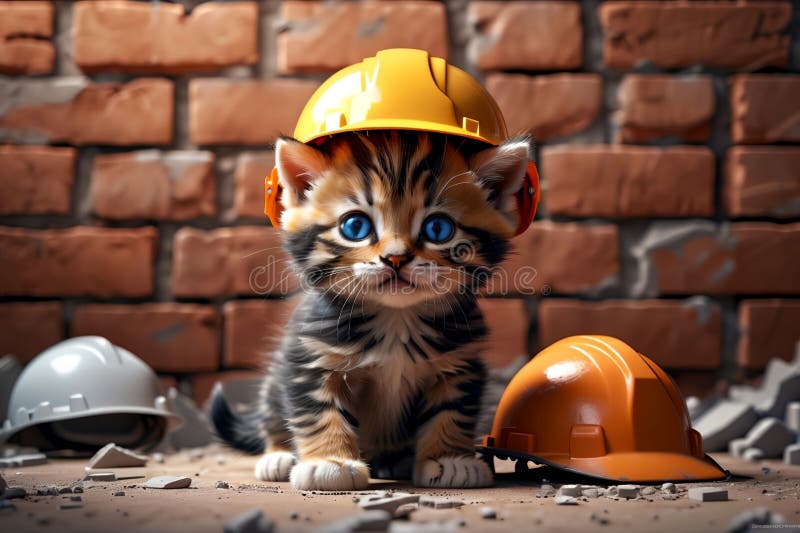 Cute Cat in a Construction Helmet, Builder Stock Image - Image of level ...