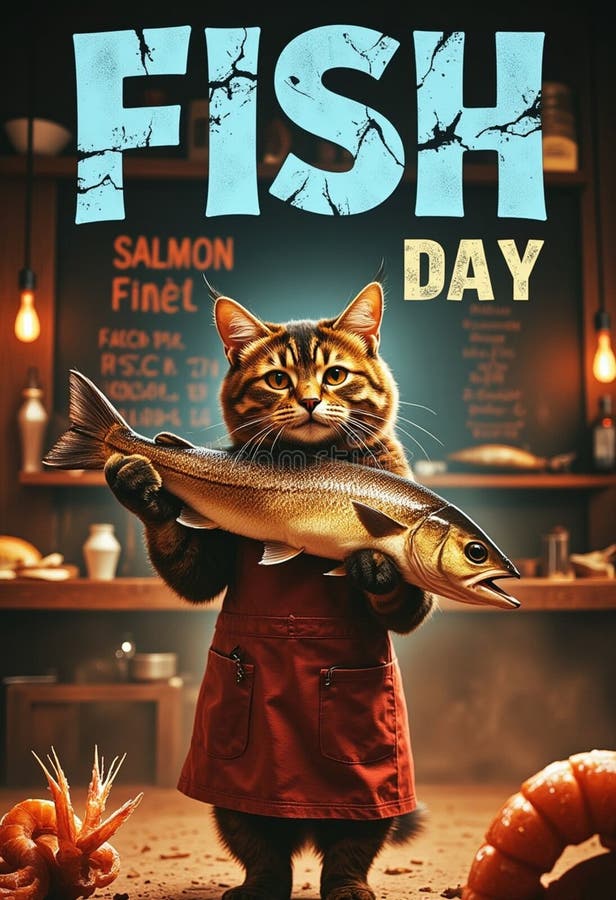 Cute cat cook cooking fish stock image. Image of table - 341595767