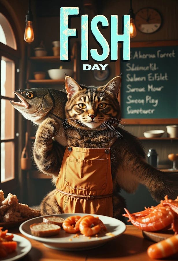 Cute cat cook cooking fish stock image. Image of knife - 346356557