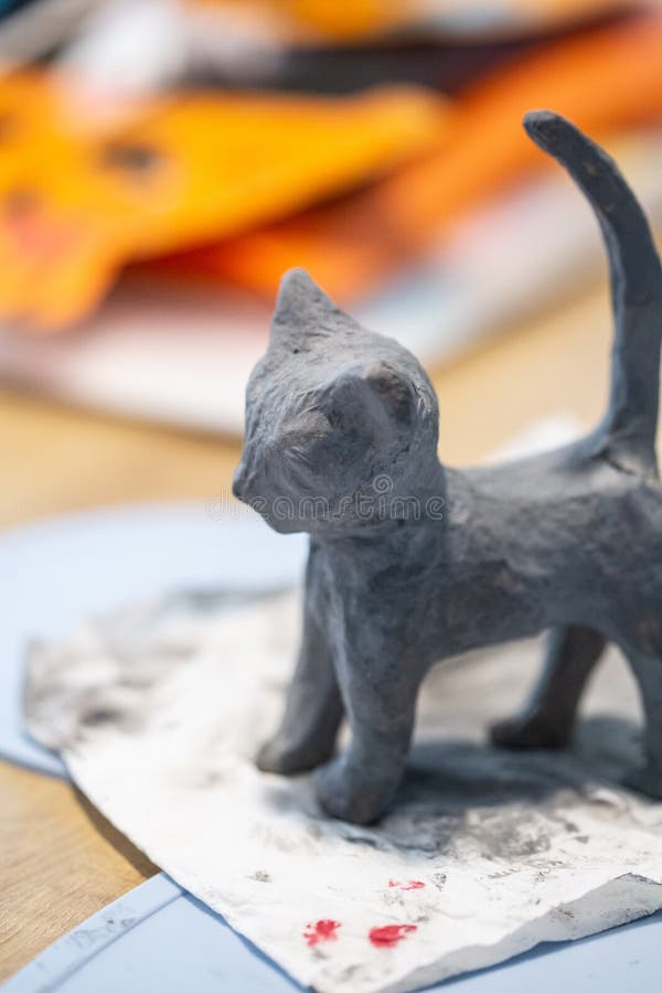 Cute Cat Crafted and Painted in Grey with Wrap Paper in a School Close ...