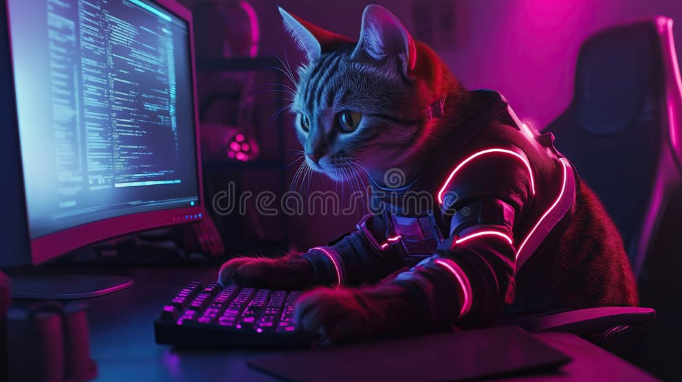 Cute Cat in a Cyber Suit Programming on a Computer Stock Illustration ...