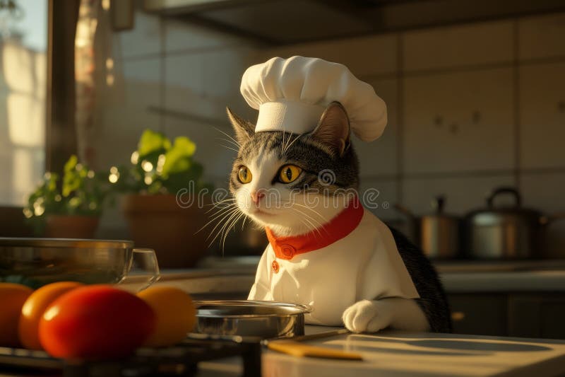 A Cute Cat Dressed As a Chef and Cooking in the Kitchen. Created Using ...