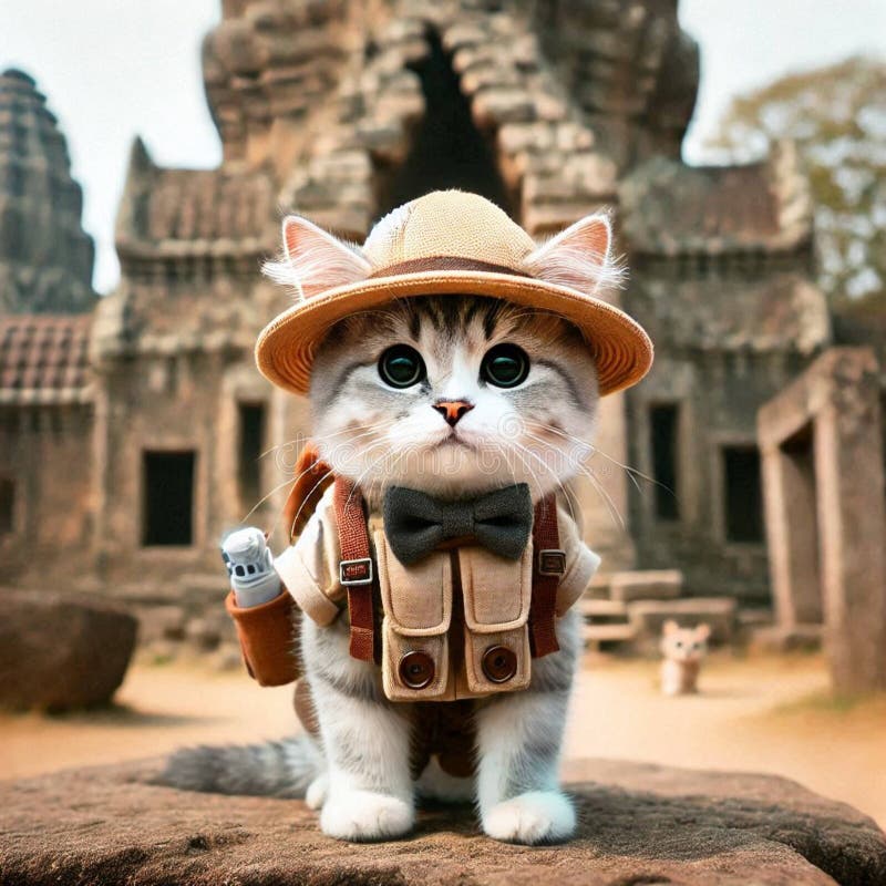 A Cute Cat Dressed As an Explorer, Wearing a Tiny Hat and Backpack ...