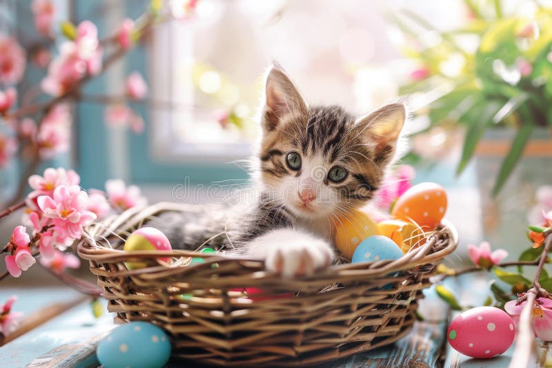 Cute Cat in Easter Basket. Spring Mood Stock Image - Image of easter ...