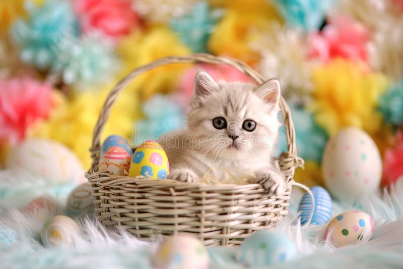 Cute Cat in Easter Basket. Spring Mood Stock Photo - Image of love ...