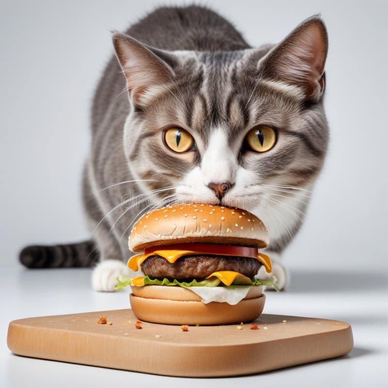 Cute cat eating burger stock illustration. Illustration of animal ...