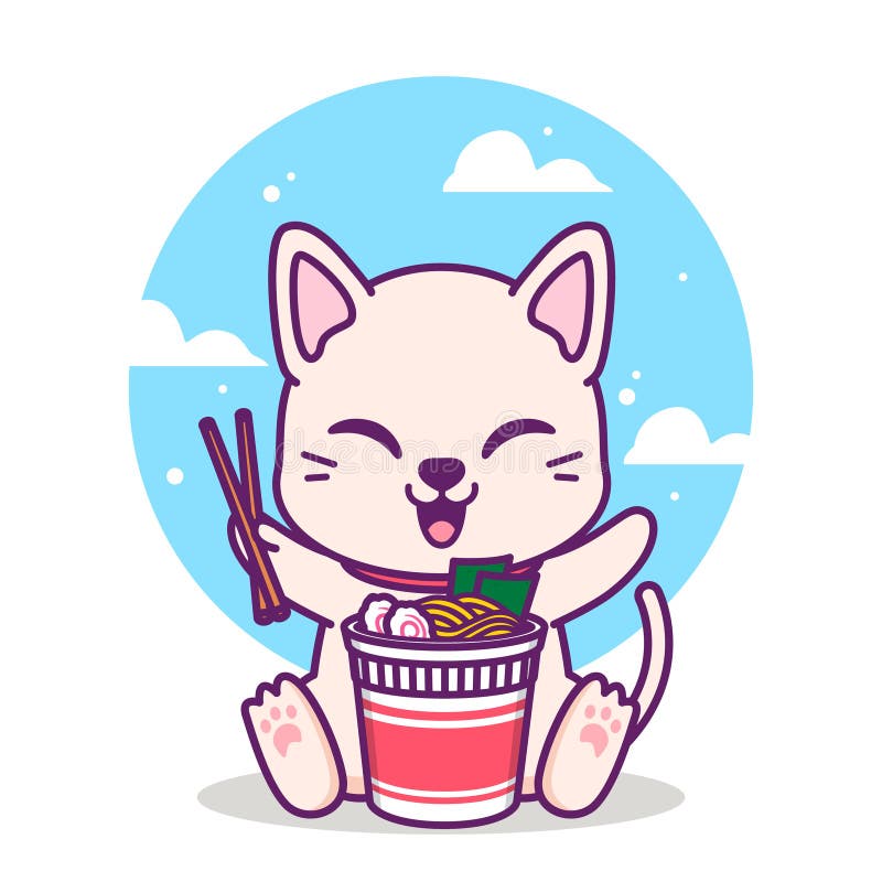 Cute Cat Eating a Cup of Noodle Vector Stock Vector - Illustration of ...
