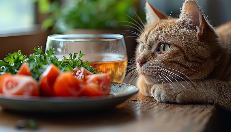 Cute Cat Eating Fish on Table, Looking Relaxed Generated by AI Stock ...