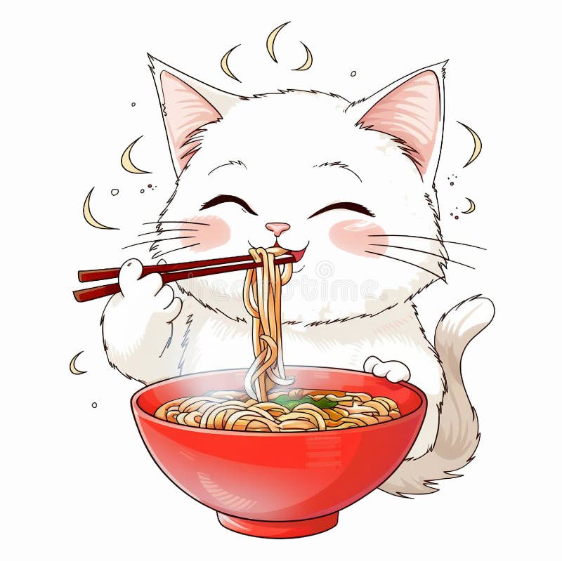 Cute Cat Eating Ramen Soup with Chopsticks Stock Illustration ...
