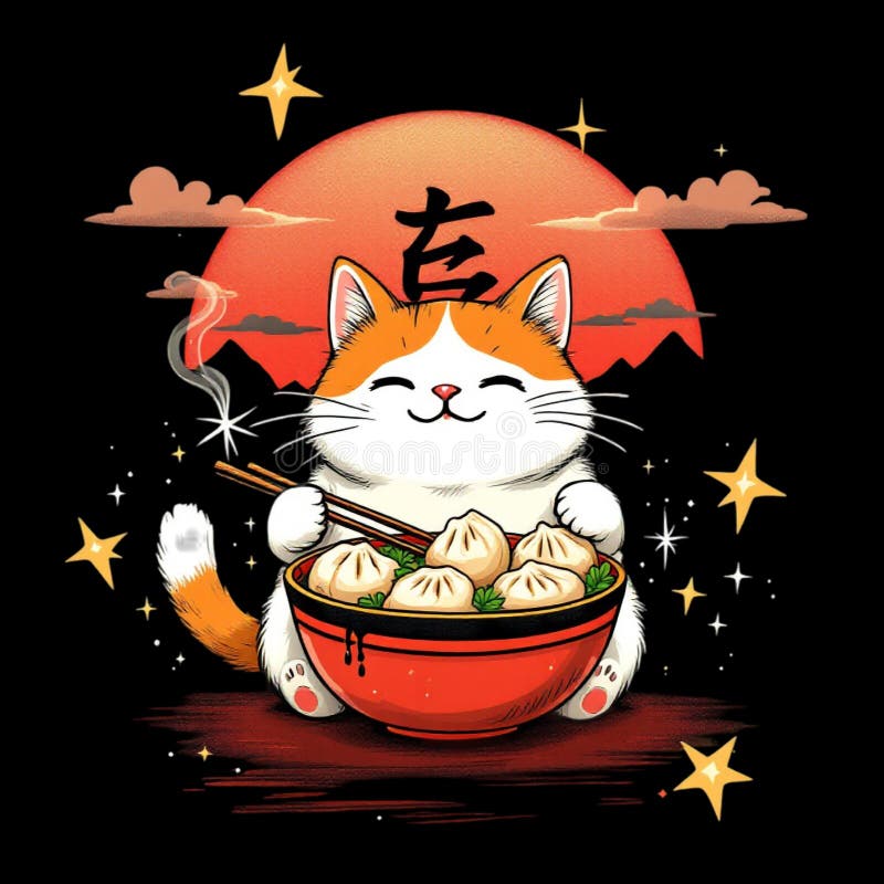 A Cute Cat Enjoys a Bowl of Dumplings Under a Red Sun Stock ...