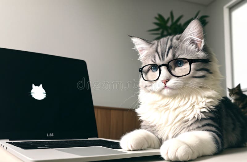 Cute Cat with Eyeglasses Working on Laptop Computer at Home. Generative ...