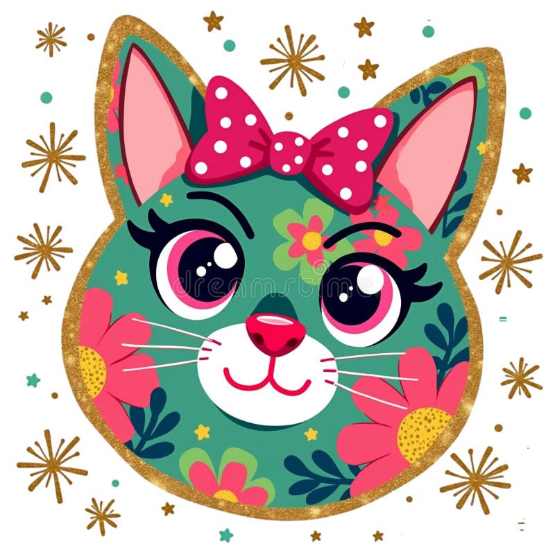 A Cute Cat Face is Adorned with Bright Floral Patterns and a Polka Dot ...