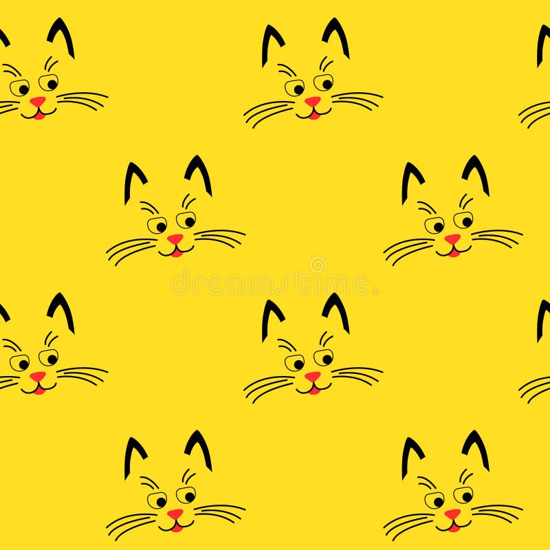Cute Cat Face. Seamless Pattern on Yellow Background Stock Vector ...