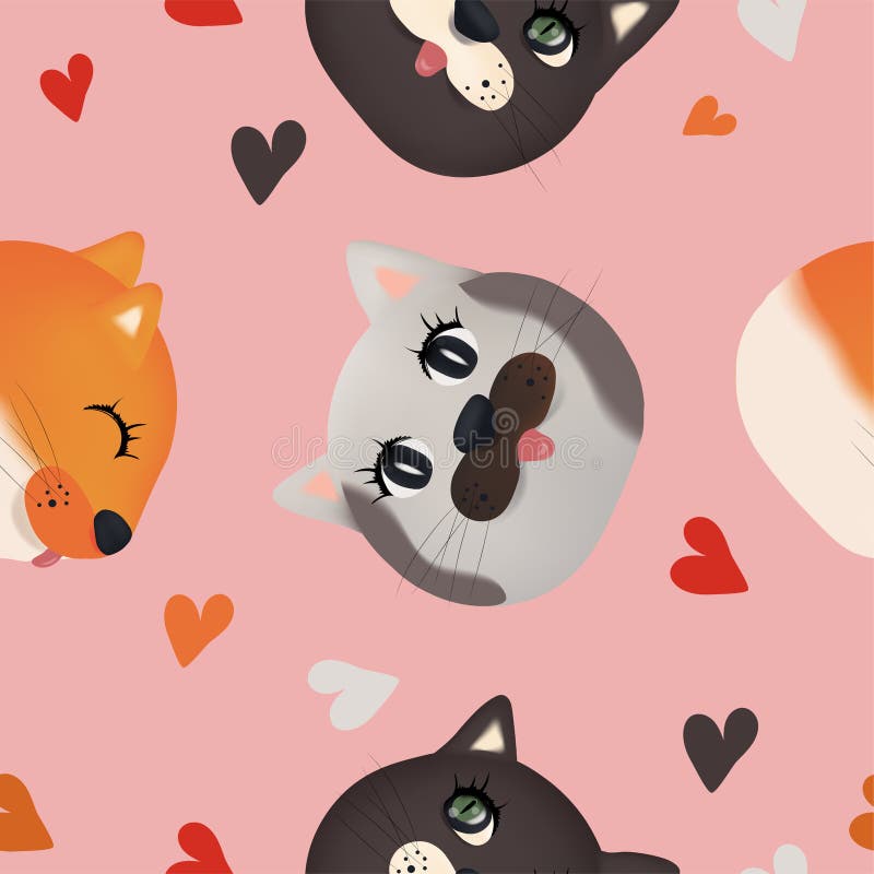 Cute Cat Faces Seamless Pattern. Colorful Faces Cat with Heart on Pink ...