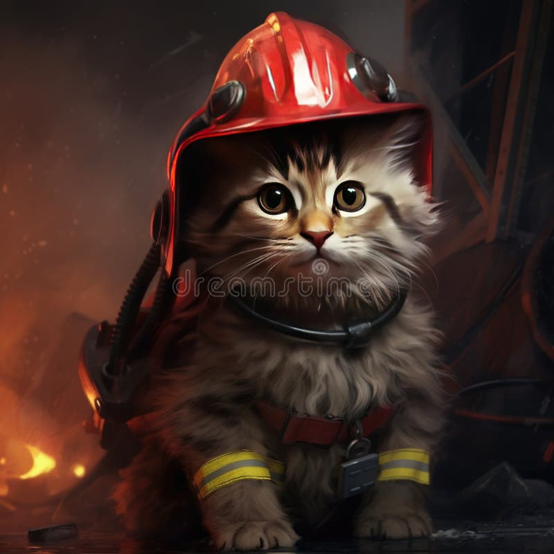 Cute Cat in Firefighter Uniform Stock Illustration - Illustration of ...