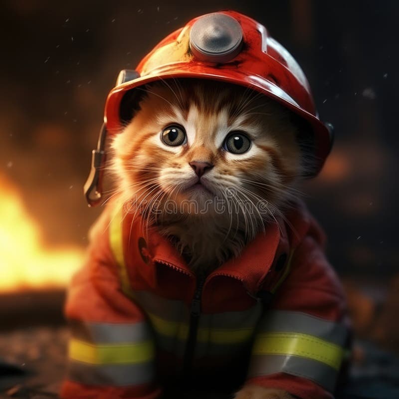 Cute Cat in Firefighter Uniform Stock Illustration - Illustration of ...