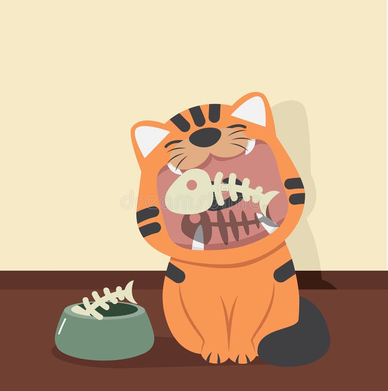 Cute Cat with Fish Bone Cartoon Stock Vector - Illustration of meal ...