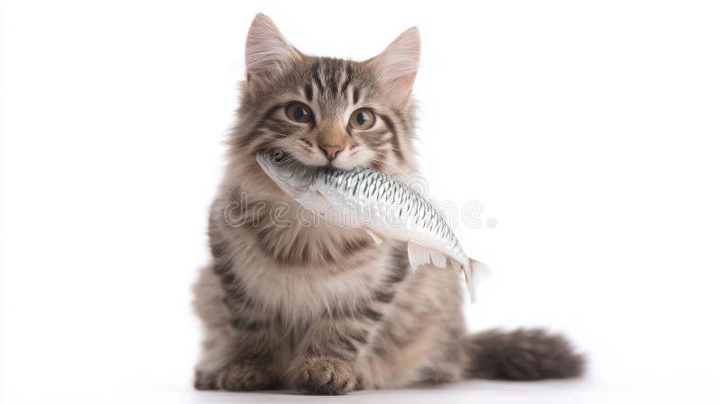 Cute Cat with Fish Snack in Playful Pose Stock Image - Image of ...