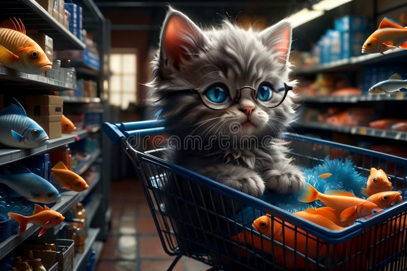 Cute Cat in a Fish Store with a Shopping Cart Stock Image - Image of ...