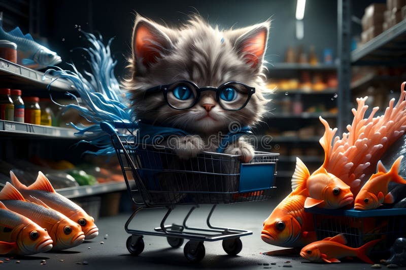Cute Cat in a Fish Store with a Shopping Cart Stock Illustration ...