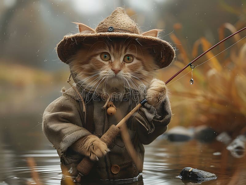 Cute Cat is Fishing with a Fishing Rod. AI Generated. Stock Image ...