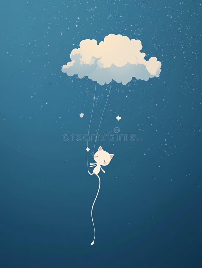 Cute Cat Floating on a Cloud Stock Illustration - Illustration of ...