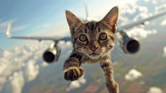 Cute Cat Flying on Airplane . Generative Ai Stock Illustration ...