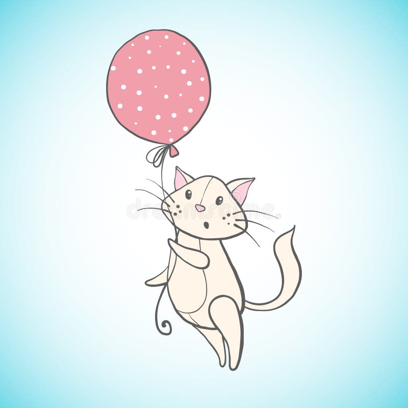 Cute Cat Flying on Pink Balloon. Stock Vector - Illustration of graphic ...