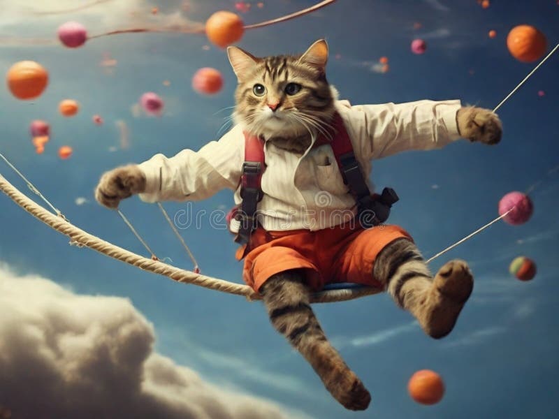 Cute Cat Flying in the Sky with Balloons and Rope Stock Illustration ...