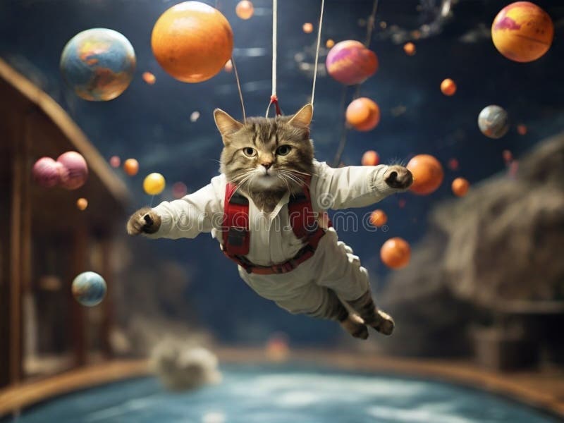 Cute Cat Flying in the Sky with Balloons and Rope Stock Illustration ...