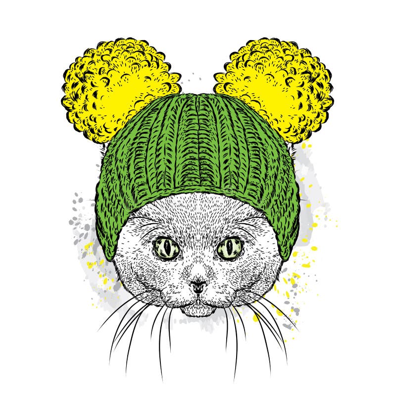 Cute Cat in a Glasses and Hat. for a Card or Poster. Vector . Cat ...