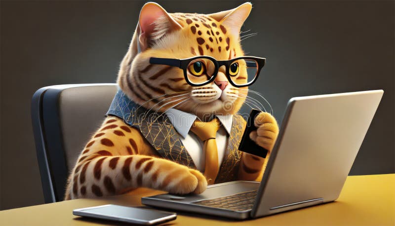 Cat with Glasses Sitting at the Table and Working with Laptop.AI ...