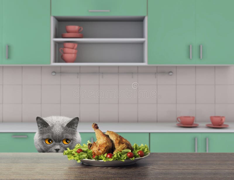 Cute Cat is Going To Eat Some Chiken from the Table. 3d Render Stock ...
