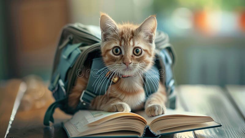 Cute Cat Going To School . Generative a Stock Illustration ...