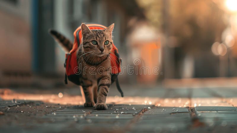 Cute Cat Going To School . Generative a Stock Illustration ...