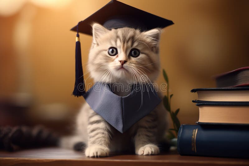 Cute Cat with a Graduation Cap and Books on the Table. Education ...