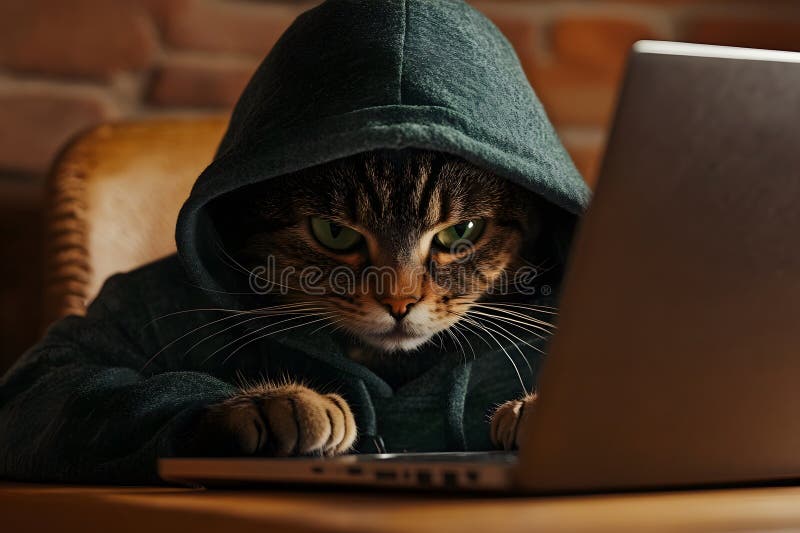 A Cute Cat Hacker Wearing a Hoodie with a Laptop Stock Illustration ...
