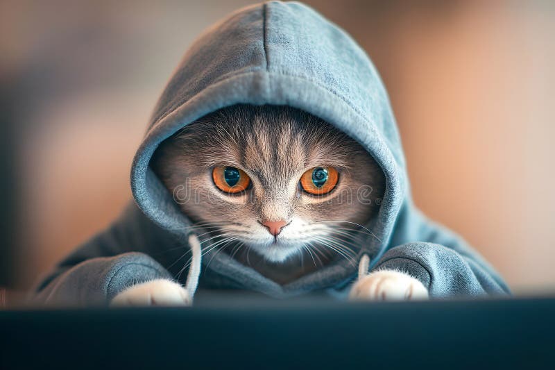 A Cute Cat Hacker Wearing a Hoodie with a Laptop Stock Illustration ...