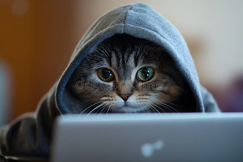 A Cute Cat Hacker Wearing a Hoodie with a Laptop Stock Illustration ...