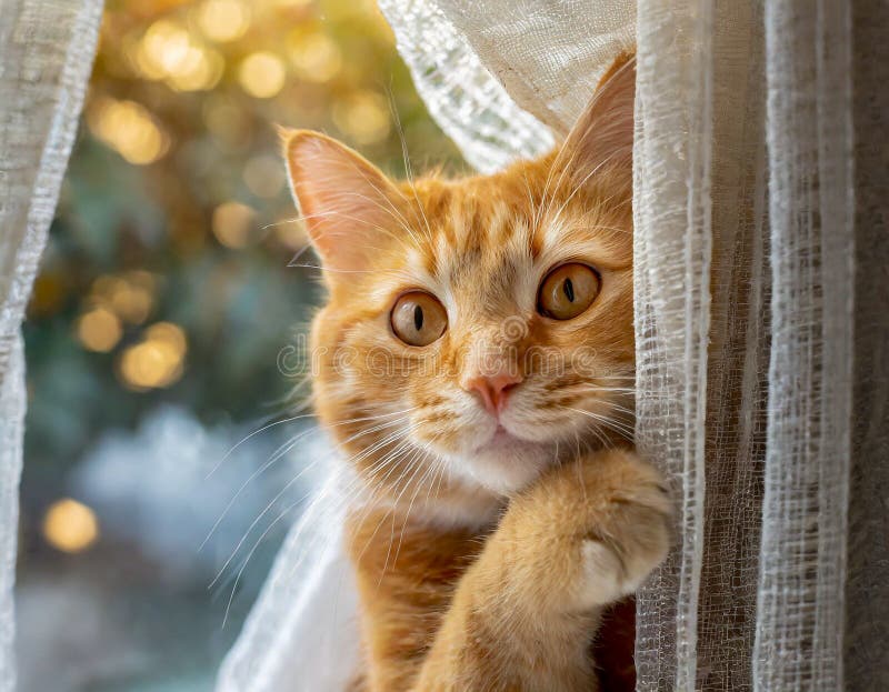 A Cute Cat Hiding Behind the Curtains in the House Stock Illustration ...