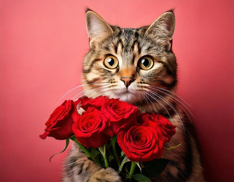 Cute Cat Holding Roses for Date on Valentines Day Stock Illustration ...