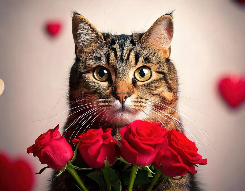 Cute Cat Holding Roses for Date on Valentines Day Stock Illustration ...