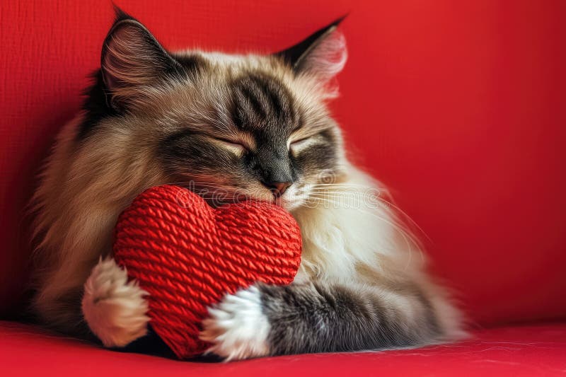 A Cute Cat Holds a Bright Red Heart on a Cozy Red Couch Stock Photo ...