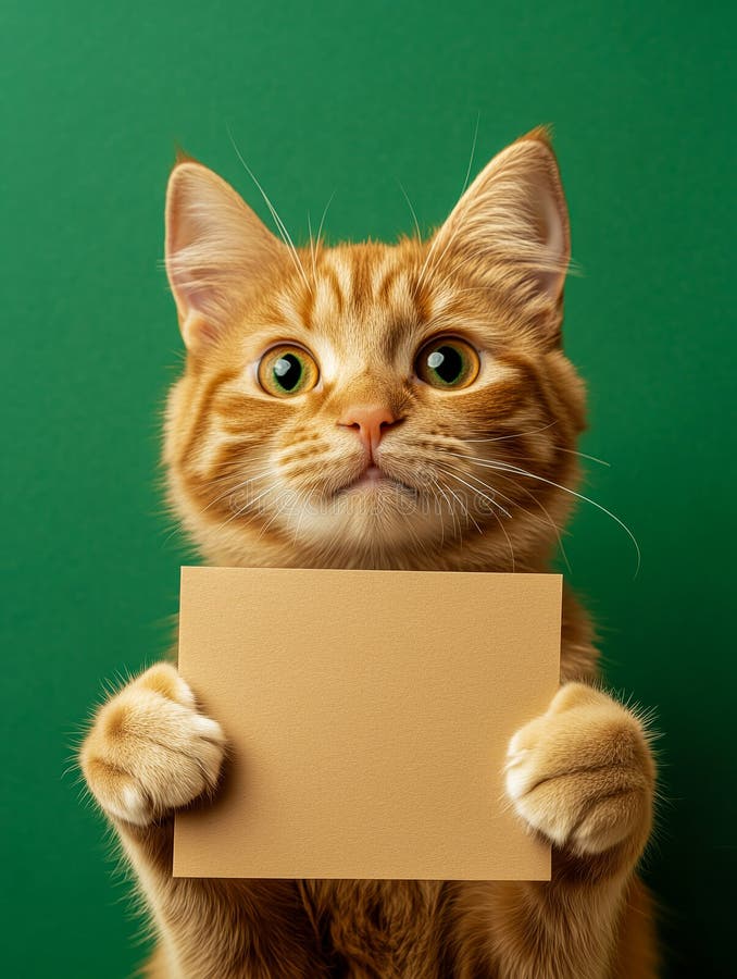 A Cute Cat Holds a Rectangular Piece of Paper in Its Paws on an ...