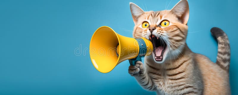 Cute Cat Holds a Yellow Loudspeaker in Its Shouting and Announcing on a ...