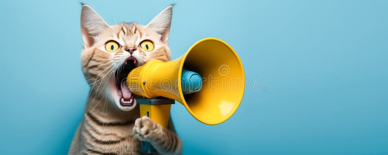 Cute Cat Holds a Yellow Loudspeaker in Its Shouting and Announcing on a ...